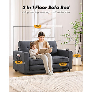 Miscoos 55" Folding Floor Sofa Chair Bed-Convertible Pull Out Sofa Bed, Futon Armchair Bed, Foldable Loveseat Sleeper, Floor Gaming Couch Bed Chair with Cup Holder for Small Space Dorm Apartment