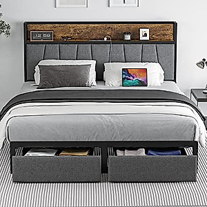 CIKUNASI Queen Size Bed Frame with Headboard and Storage, Drawers Platform Bed Frame with Storage Chargin Station LED Light Bed Frame, Heavy Duty, No Box Spring Needed