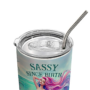 20oz Mermaid Tumbler, Sassy Since Birth Salty by Choice, Gifts for Mermaid Lovers, Coffee Thermos for Women, Stainless Steel Double Wall Vacuum Insulated Coffee Mug, Travel Cup with Lid