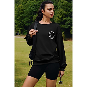 ReachMe Womens Cute Graphic Crewneck Sweatshirts Fashion Smile Pullover Tops Casual Loose Happy Face Sweatshirt(2 Black,M)