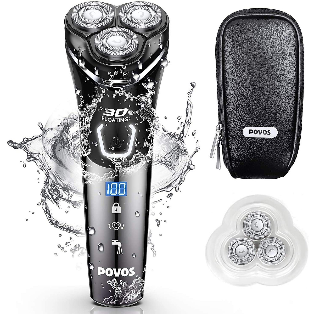 POVOS Electric Razor for Men, Quick Rechargeable Wet and Dry IPX7 Waterproof Electric Shaver,Men’s 3D Rotary Shaving Razor with Pop-up Beard Trimmer,LCD Display, Replacement Blades, and Travel Case