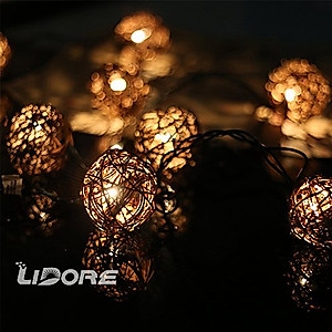 LIDORE 10 Counts Natural Rattan Balls String Light. Warm White Light for Patio, Wedding, Garden and Party Brown Rattan and Green Cord (Rattan)