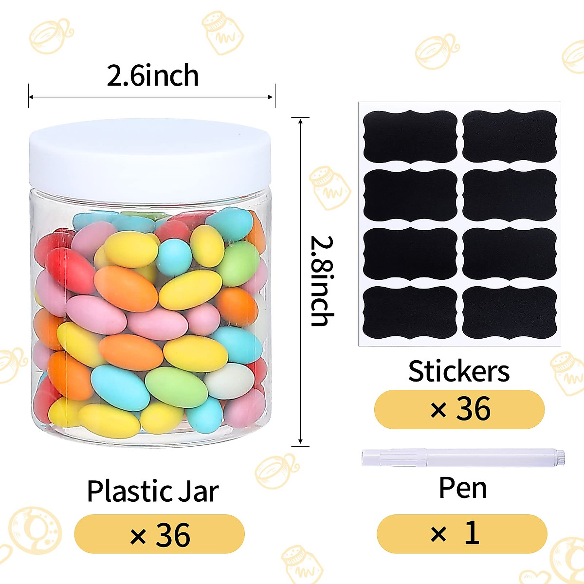 36PCS 8OZ Plastic Jars with Screw On Lids, Pen and Labels Refillable Empty Round Slime Cosmetics Containers for Storing Dry Food, Makeup, Slime, Honey Jam, Cream, Butter, Lotion (White)