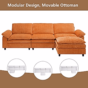 KIVENJAJA Modular Cloud Sectional Couch, Chenille L Shaped Sectional Sofa with Ottoman, Modern Comfy 4 Seater Sofas for Living Room Apartment Office, 113.5”W, Orange