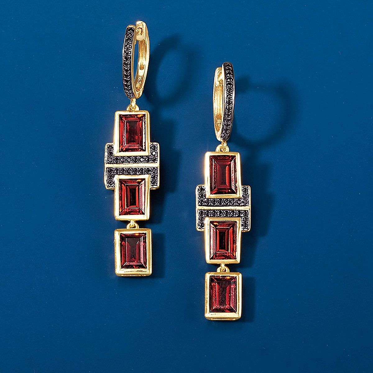 Ross-Simons 6.50 ct. t.w. Garnet and .20 ct. t.w. Black Spinel Drop Earrings in 18kt Gold Over Sterling