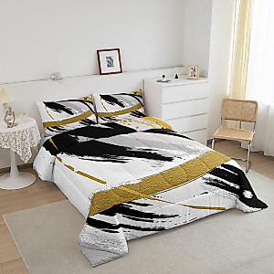 Erosebridal Black Grey Gold Bedding King Brush Strokes Oil Painting Comforter Set, Gradient Abstract Vintage Duvet Insert Ombre Graffiti Down Comforter, Contemporary Modern Bedding Comforter Sets