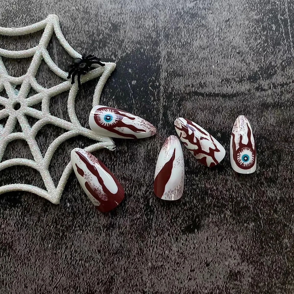 24 Pcs Halloween Press on Nails Almond White Fake Nails Blood stains and Terror Eyeballs Designs Full Cover False Nails with Glossy Stick on Nails for Women