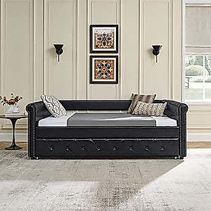 JULYFOX Upholstered Dabyed Full Size with Trundle, Button Tufted Full Size Platform Bed with Twin Trundle No Box Spring Needed Nail Head Trims Space Saving Bed(Black,Full)
