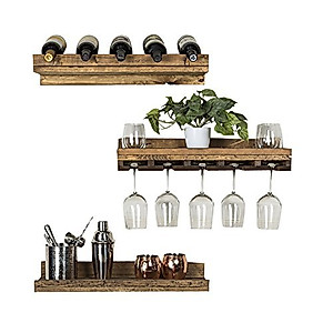 Rustic Handmade Wall Mounted 24" Three Tiered Solid Wood Wine Bottle & Stemware Shelves Complete Set of 3 (Dark Walnut)