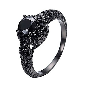 JunXin 10KT Black Gold Ring 8MM Round Cut Diamond Halo Black Stone Rings Onyx Size6/7/8/9/10