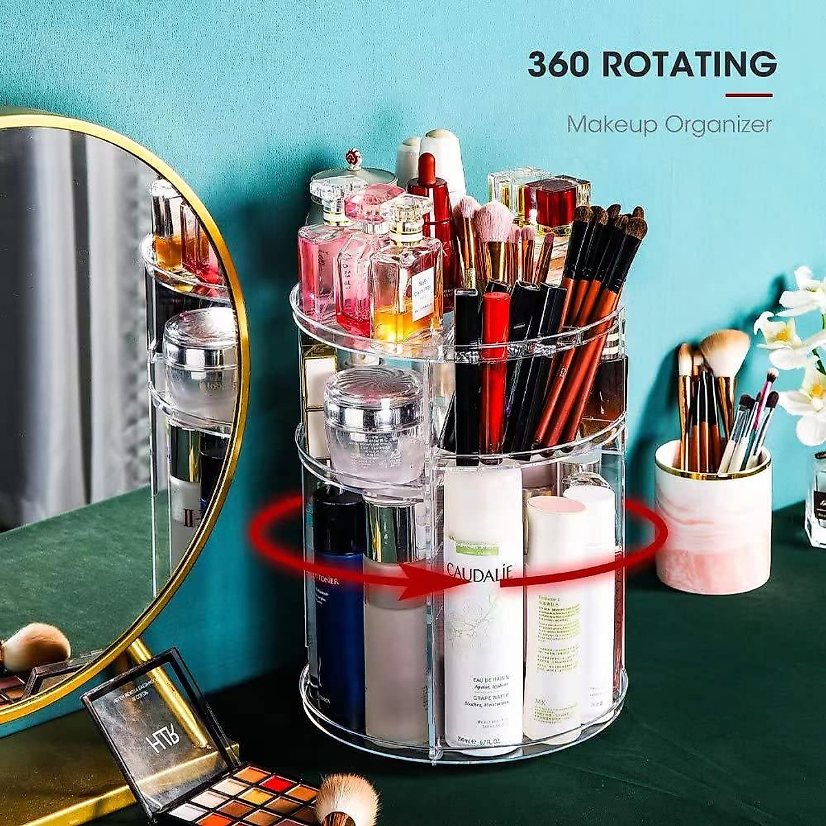 KLGO 360 Spinning Makeup Organizer, Lazy Susan Rack Cosmetic Carousel Storage Shelf, Great for Countertop and Bathroom, Clear