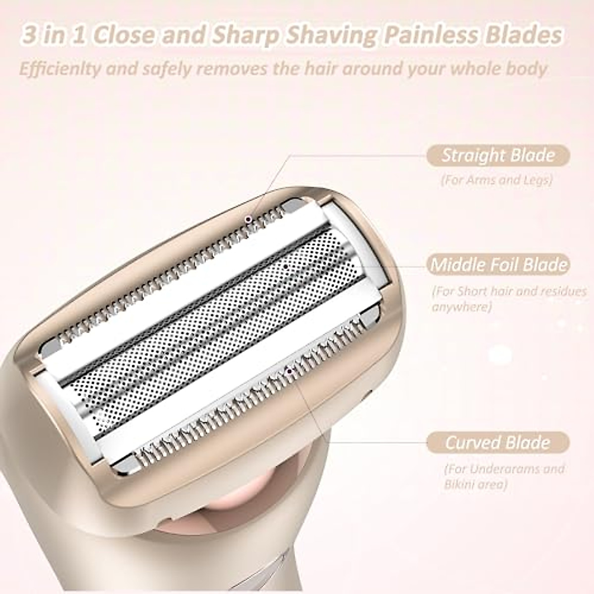 Electric Razor for Women Pubic Hair, Lady Shaver for Legs Underarm Arms Bikini Private Area Waterproof Wet or Dry, Portable Painless Women's Body Hair Trimmer Removal USB Rechargeable (Champagne)