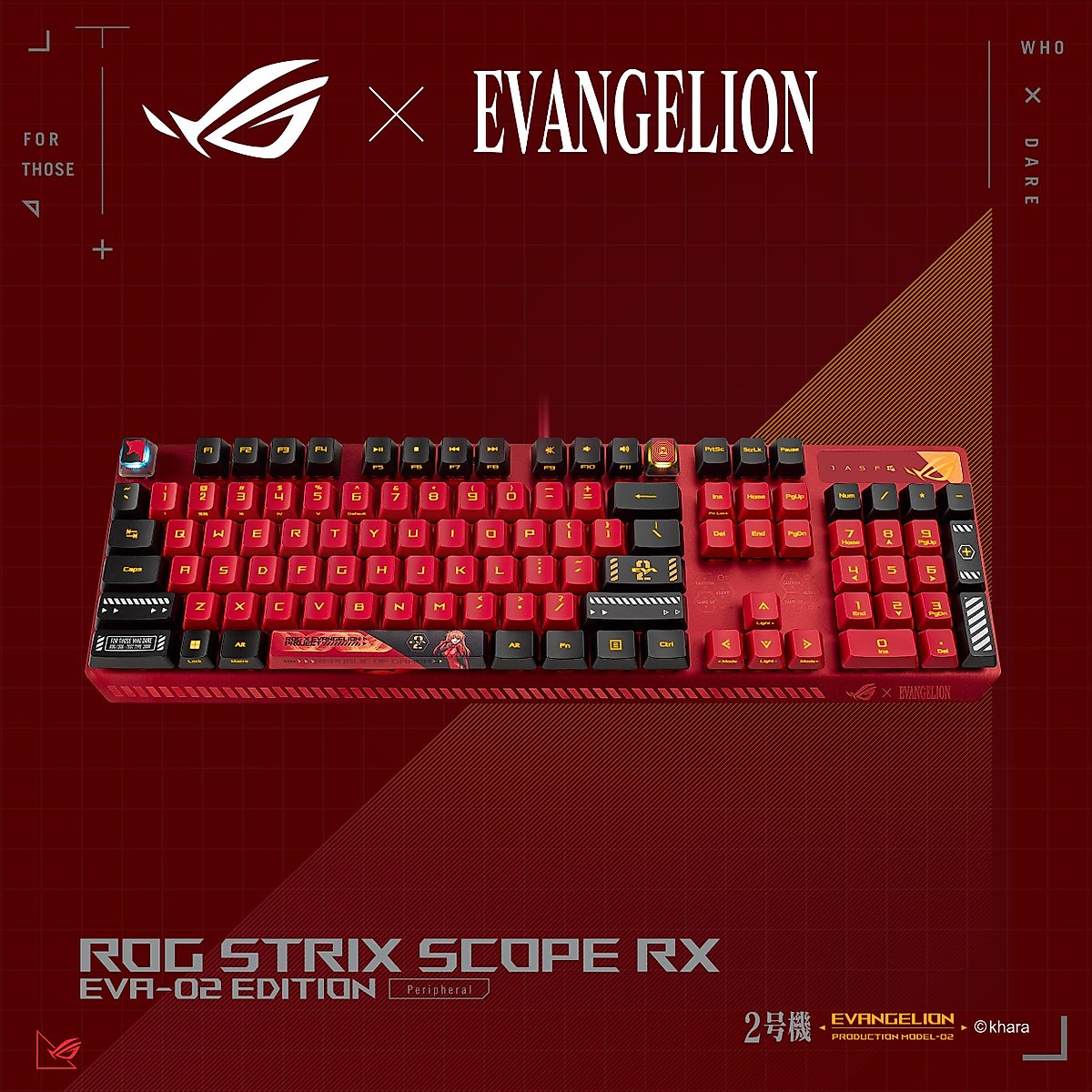 ROG Strix Scope RX EVA-02 Edition, 100% RGB Gaming Keyboard, ROG RX Red Optical Mechanical Switches, IP57 Water Resistance, USB Passthrough, Wider Ctrl Key, Stealth Key, Macro Support, EVA-themed