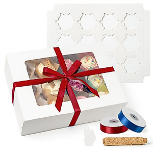 katbite Cupcake Boxes, 15-Set Cupcake Containers 12 Count, Food Grade Kraft Thick Cupcake Carrier Boxes with 2 Color Gift Ribbons, Twine, Cards and Inserts to Hold Cupcakes, Pastries and Cookies