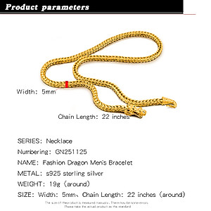 Dankadi Men 925 Sterling Silver Dragon Necklace 24K Gold Plated Vintage 5MM 20 "22" 24 "26" Franco Link Curb Chain Choker Fashion Punk Gold Fine Jewelry Gift (26 inch, Golden)