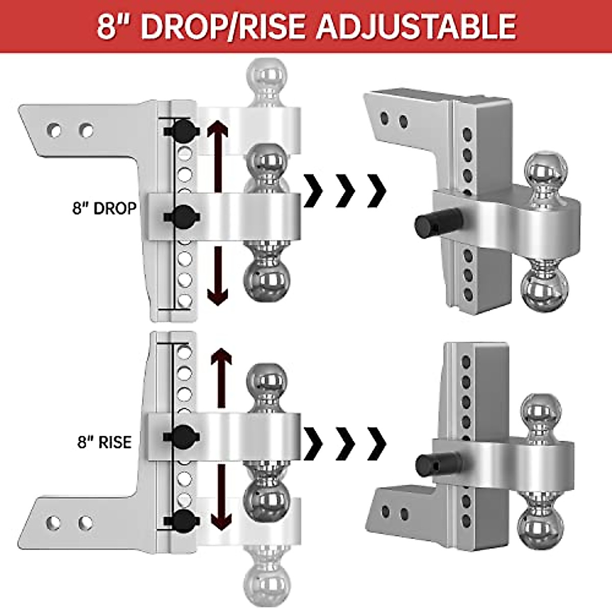 Adjustable Trailer Hitch, Fits 2.5 Inch Receiver, 8 Inch Drop Hitch, 18,500 LBS GTW, Aluminum Forged Shank, 2 Inch & 2-5/16 Inch Balls, Towing Hitch for Heavy Duty Truck with Double Lock Pins