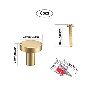 8 Pcs Brushed Brass Cabinet Knobs, 0.9 Inch Gold Drawer Knobs, Round Kitchen Cabinet Cupboard Closet Pulls Door Knobs Handles for Kitchen Dresser Knobs, with 1 Mini Screwdriver (0.78x0.9 inch)
