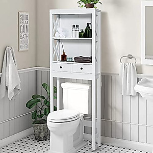 Tangkula Over The Toilet Storage Cabinet, 65” Over Toilet Bathroom Organizer with Adjustable Bottom Bar, 2 Open Shelves, 2 Drawers, Anti-tip Devices, Freestanding Above Toilet Storage Cabinet (White)