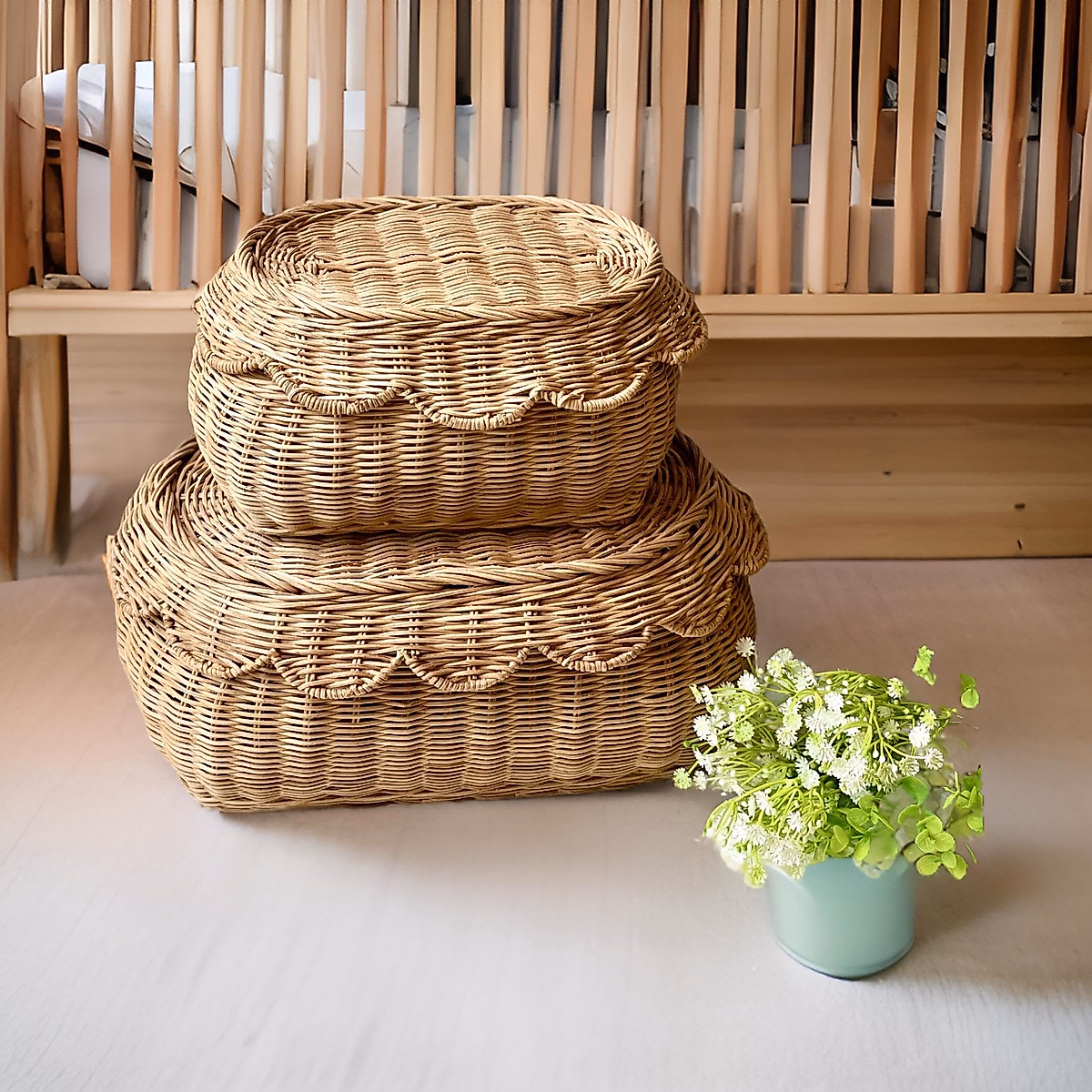 Small Basket Set of 2, Hand Woven Scallop Rattan Baskets - Storage Basket with Lid, Nursery Storage, Scalloped Edge Basket, Scalloped Wicker Basket, Home Decor for any room 15 x 10 x 6