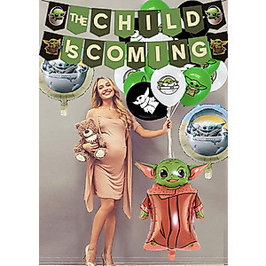 Baby Yoda The Child Is Coming Baby Shower Decorations, Baby Shower Party Supplies with Foil Baby Yoda Balloon, The Child Is Coming Banner, Cake Toppers, Balloons for Kids Boys Party