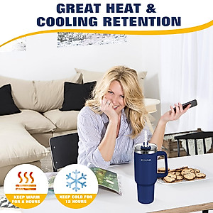 WYHVAND 40 oz Tumbler with Handle, Stainless Steel Insulated Tumbler with Lid and Straw Keeps Drinks Cold and Hot，The Best Birthday Gifts for Family，Friends -Navy