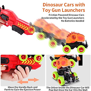 FiGoal 2 Pack Dinosaur Cars with Toy Gun Ejecting Friction Powered Dino Car Transforming Dinosaur Toys Car Gifts for Boys Girls Toddlers Classroom Prize Gifts