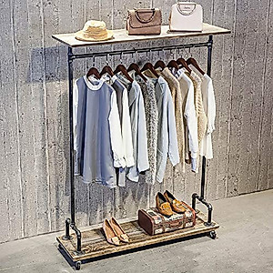 JIANZHUO Industrial Pipe Clothing Rack on Wheels,Retail Display Clothing Racks with Shelves,Vintage Rolling Rack for Hanging Clothes,Wooden Garment Rack with Wheels,Heavy Duty Clothes Rack Cloths