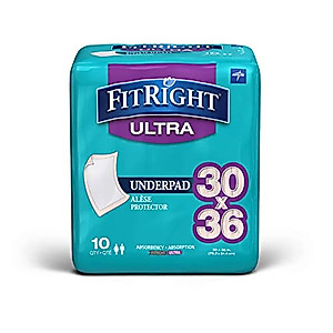 FitRight Heavy Absorbency Disposable Underpads, Super Absobent Polymer and Fluff Core, 30" x 36", Bag of 10, Great for Bed Pads, Furniture and Surface Protection