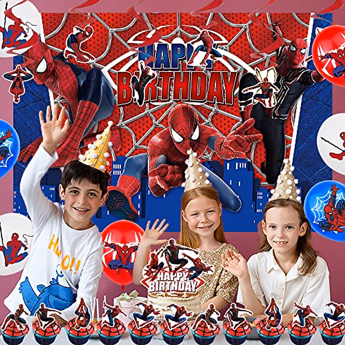 Spider Birthday Decorations Spider Theme Party Supplies for Kids Boys Include Happy Birthday Banner, Cake Topper, Backdrop, 6 Hanging Swirls, 18 Latex Balloons, 24 Cupcake Toppers