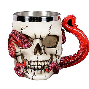 Skull Mug Parasite Octopus Beer Coffee Mugs with Tentacle Handle, Stainless Steel and Resin Tankard Skeleton Cranium Skull Beverage Drinking Cup for Ossuary Macabre Halloween Decorative Accent - 13oz