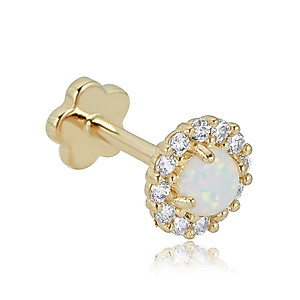 AVORA 14K Yellow Gold Simulated Opal and Simulated Diamond CZ Halo Cartilage Piercing Flat Back Earring Body Jewelry (18 Gauge)