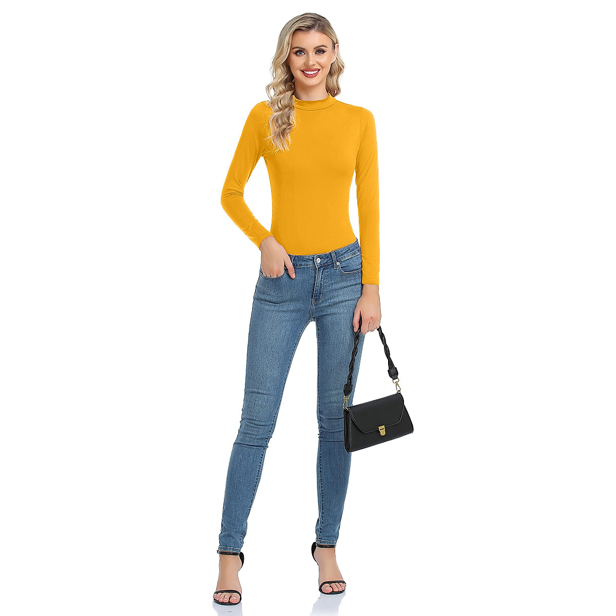 Women Long Sleeve Thermal Top Lightweight Mock Neck Shirts Slim Fit Layer Top Mustard Large