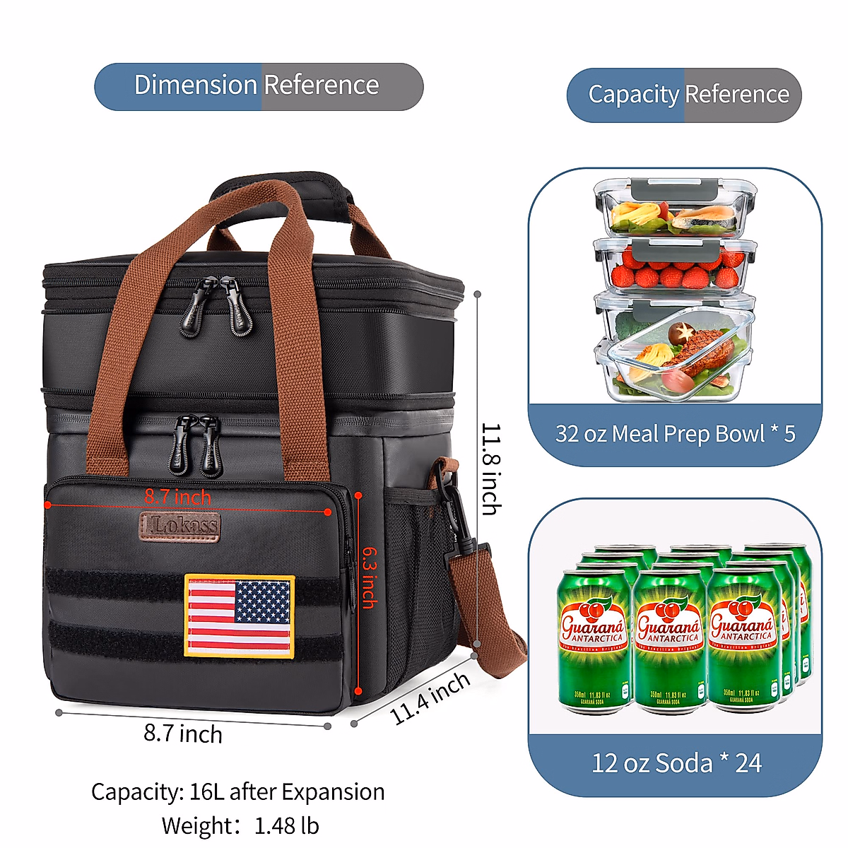 LOKASS Insulated Lunch Bag For Men Work, 16L, PU Coating Tactical Lunch Box for Adults/Women, Dual Compartment Reusable Waterproof Leakproof Lunchbag with Shoulder Strap, Cooler Bag, Black, Large