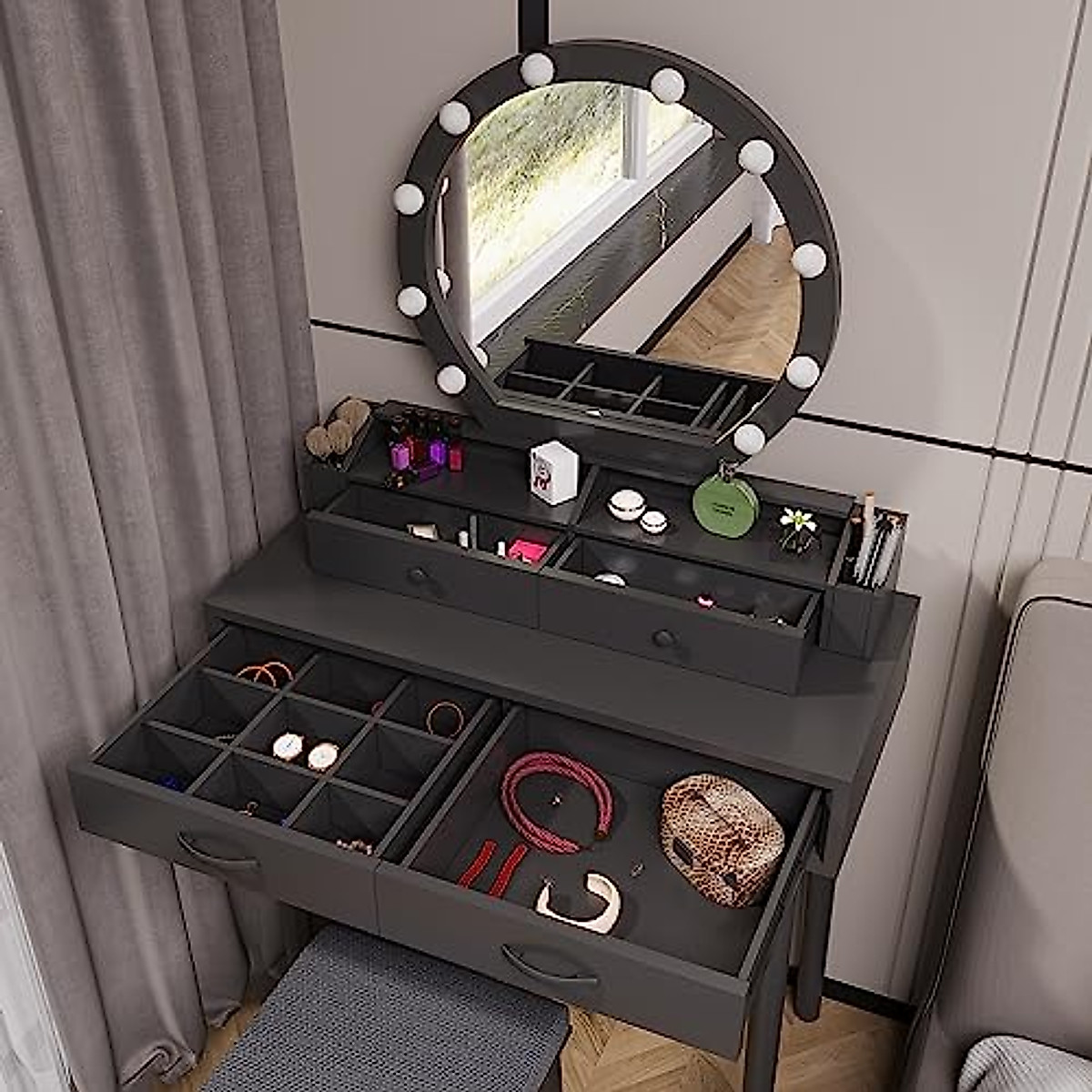 ISHARINGTIME Vanity Table, Vanity Desk with Lighted Mirror, 4 Drawers Makeup Table with Soft Cushioned Stool for Bedroom Studio (Black) TYVT010BK