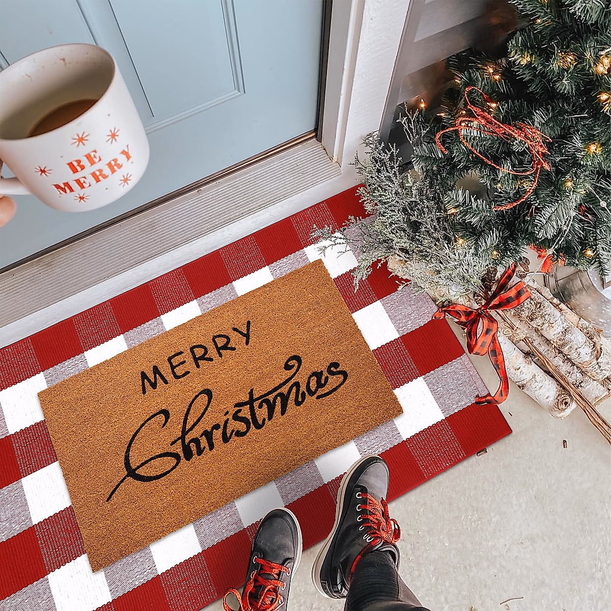 Christmas Door Mat Combo Set - 100% Coco Coir Welcome Mat + 28 x 43 Inch Red and White Plaid Rug, Christmas New Year Holiday Collection Doormat for Front Porch Entryway Decorative