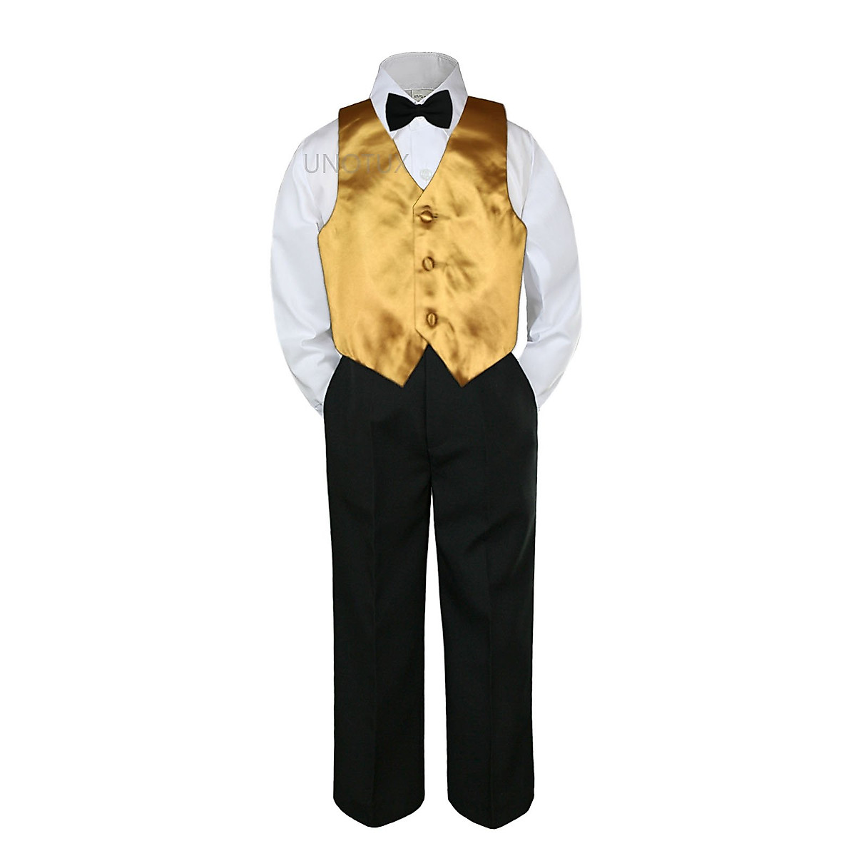 4pc Baby Toddler Kid Boys Gold Vest Black Pants Bow Tie Suits Set (7)