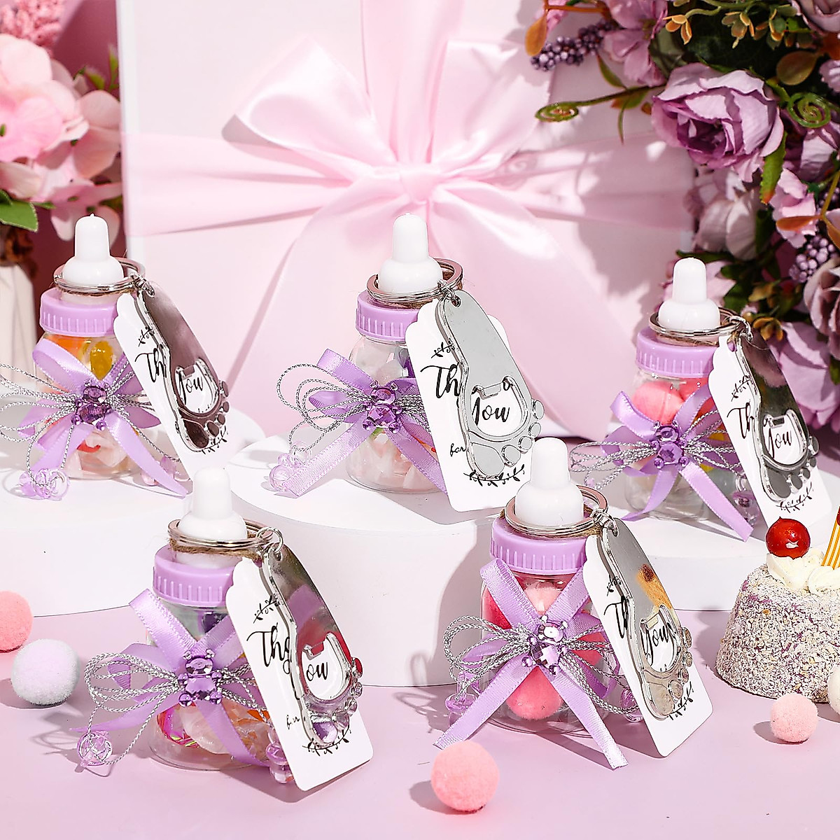 Sunnyray 72 Pcs Baby Shower Bottle Favors 24 Baby Mini Milk Bottles 24 Baby Footprint Keychain Bottle Opener 24 Thanks Tags Party Favors Gift for Girl Boy Baby Shower Decorations (Purple, Silver)