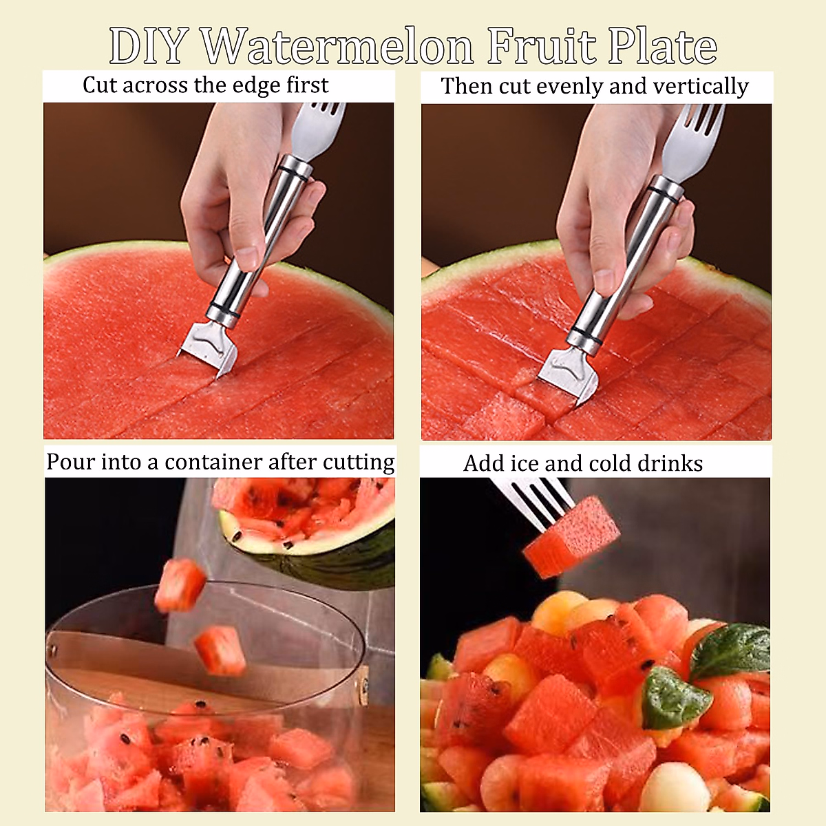 ZLMC 2-in-1 Watermelon Fork Slicer,Portable Stainless steel Watermelon Slicer with Melon Baller Scoop Extra,Dual Head Stainless Steel Fruit Forks Slicer Knife for Family Parties Camping(2PCS)