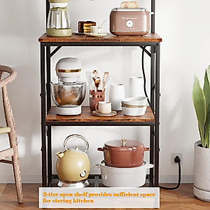 Furologee Kitchen Bakers Rack with Power Outlet, Microwave Oven Stand with Storage 4 Tiers, Coffee Bar Table with 6 S Hooks, Kitchen Storage Shelf Rack for Spices, Pots, Rustic Brown