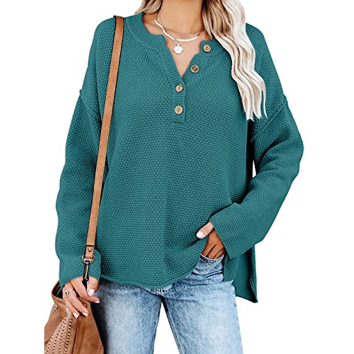 Nigaga Womens V Neck Oversized Sweaters Batwing Long Sleeve Button Up Henley Tops Pullover Loose Chunky Knit Jumper Ni433ailv-L