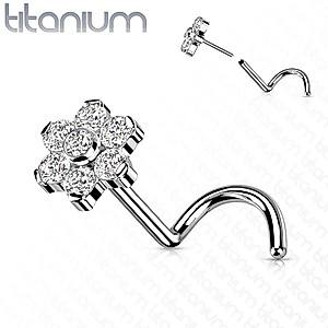 Dynamique Implant Grade Titanium Threadless Push In Nose Screw Rings With CZ Or Opal Set Flower Top (Sold Per Piece)