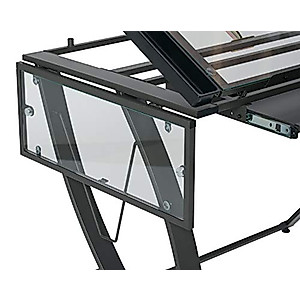 SD STUDIO DESIGNS Futura Luxe Drawing, Drafting, Craft Table with Drawer, 35" Wide Angle Adjustable Top and Side Shelf, Pewter Grey/Clear Glass