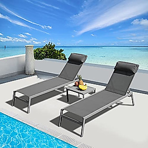Domi Patio 3 Pieces Aluminum Textilene Chaise Lounge Set with Side Table Outdoor,Adjustable Back&Pillow for Yard,Garden,Sunbathing,for All Seasons,Gray(2022 New)