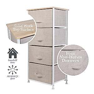 Simplify 4 Tier Vertical Storage Chest | Dresser | Nightstand | Fabric Drawers | Sturdy Steel Frame | Organizer | Bedroom | Closet | Easy to Assemble | Beige