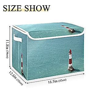 Kigai Storage Basket Lighthouse Landscape Storage Boxes with Lids and Handle, Large Storage Cube Bin Collapsible for Shelves Closet Bedroom Living Room, 16.5x12.6x11.8 In