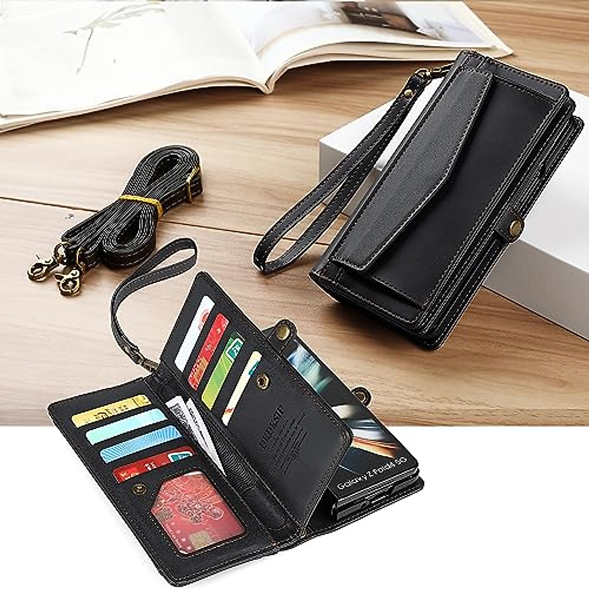 DKDKSIP for Samsung Galaxy Z Fold 5 Wallet Case for Women, RFID Blocking Card Holder, PU Leather Flip Phone Case with Crossbody Strap Wristlet Kickstand for Galaxy Z Fold 5, Black
