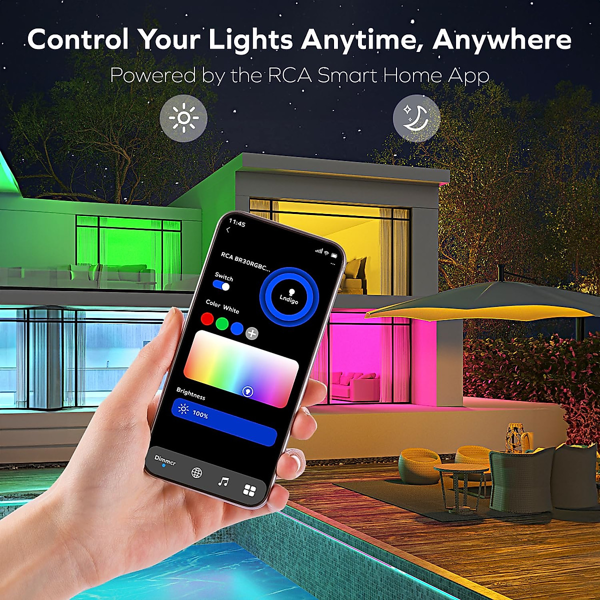 RCA Smart Light Bulbs, Multicolor LED, WiFi, Dimmable Color Changing Light Bulb, 800 Lumens 10W, Alexa & Google Home Compatible, 60W EQ A19 RGB Light, 2.4GHz only, No Hub Req, 2-PK