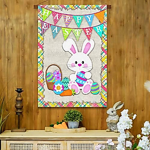 Surfapans Happy Easter Bunny House Flag 28x40 Inch Double Sided Outside Burlap Easter Rabbit Eggs Outdoor Large Yard Flags Porch Home Holiday Decoration