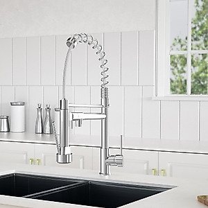 ZSW Kitchen Faucet with Pull Down Sprayer, Commercial Kitchen Sink Faucet with Pot Filler, Single-Handle Chrome Plated Stainless Steel Spring Sink Faucet
