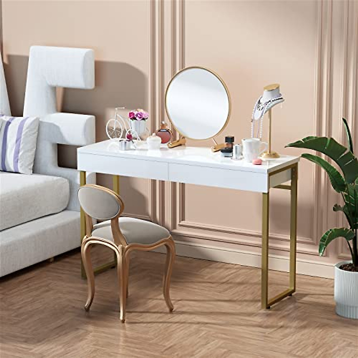 GreenForest Vanity Desk with 2 Drawers Glossy White Makeup Table 47 inch Modern Home Office Computer Desk Dressing Console Table with Metal Gold Legs for Bedroom,Without Mirror